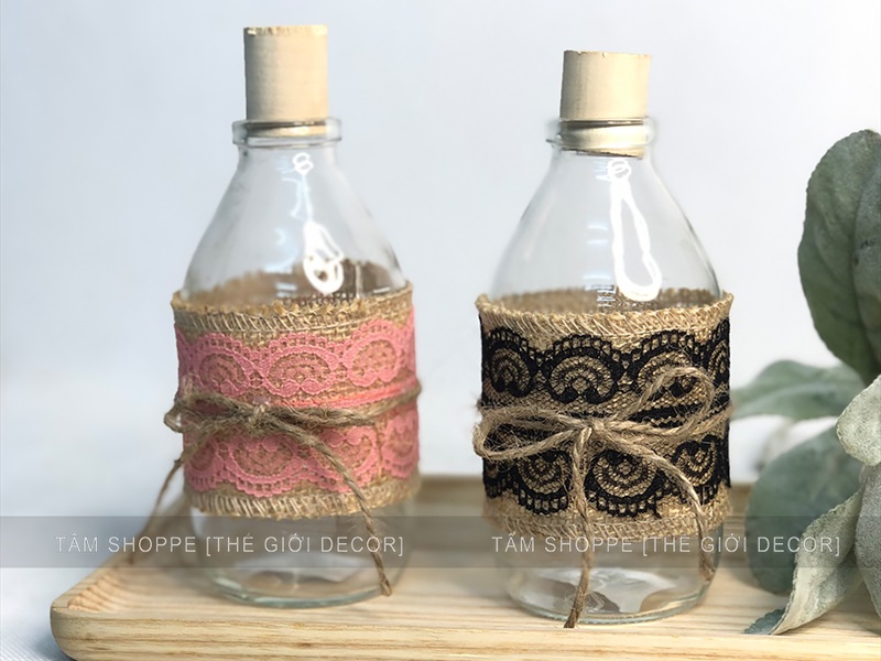 Chai thủy tinh bố ren dáng bom nút bần cao 13cm [5 màu chọn - Kèm nút ...