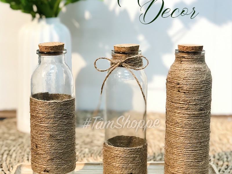 Chai thủy tinh quấn dây thừng trụ tròn cao 19cm [3 kiểu chọn - Kèm nút ...