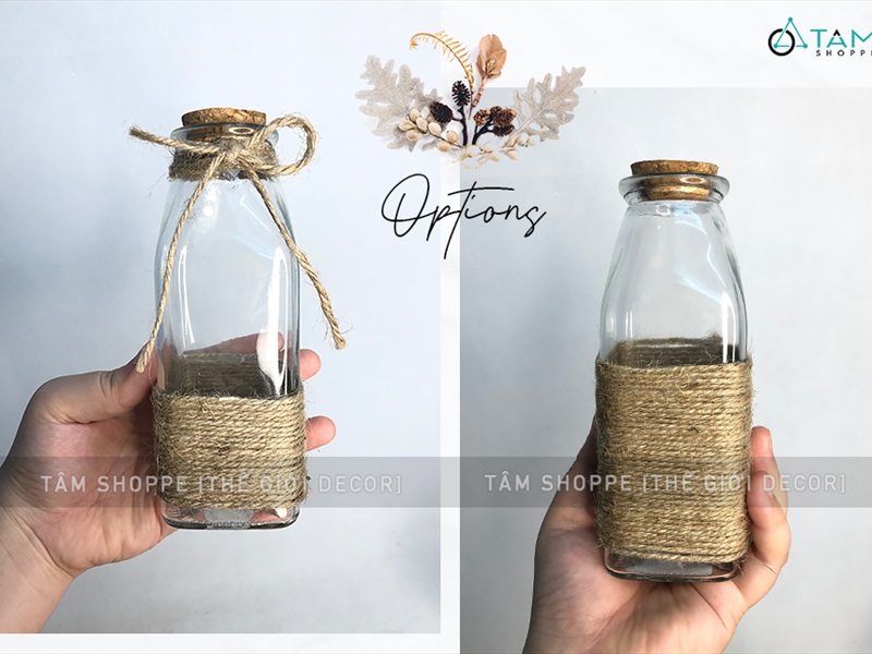 Chai thủy tinh quấn dây thừng trụ vuông cao 16cm [3 kiểu chọn - Kèm nút ...