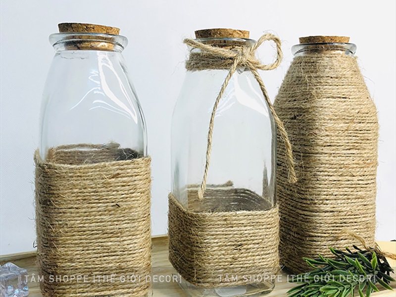Chai thủy tinh quấn dây thừng trụ vuông cao 16cm [3 kiểu chọn - Kèm nút ...