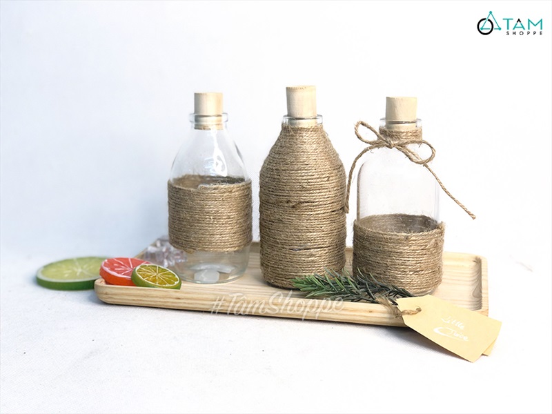 Chai thủy tinh quấn dây thừng dáng bom nút bần cao 13cm [3 kiểu chọn ...