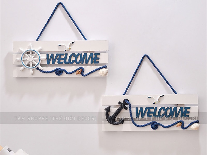 Bảng welcome gỗ 3 sọc trắng chủ đề biển [4 kiểu - 28x10cm] BTC-WEL-07