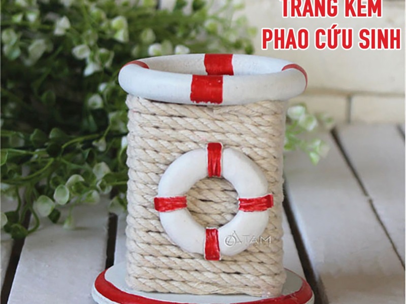 Hộp cắm bút trụ tròn dây cotton chủ đề biển [handmade - cứng cáp] CAMBUT-01