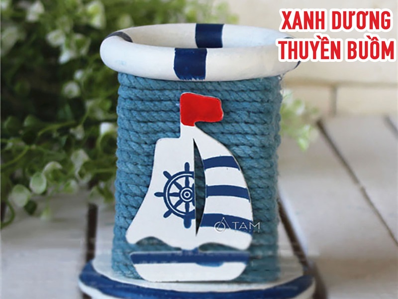 Hộp cắm bút trụ tròn dây cotton chủ đề biển [handmade - cứng cáp] CAMBUT-01